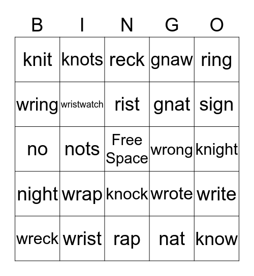 Spelling Words: Silent Letters Bingo Card