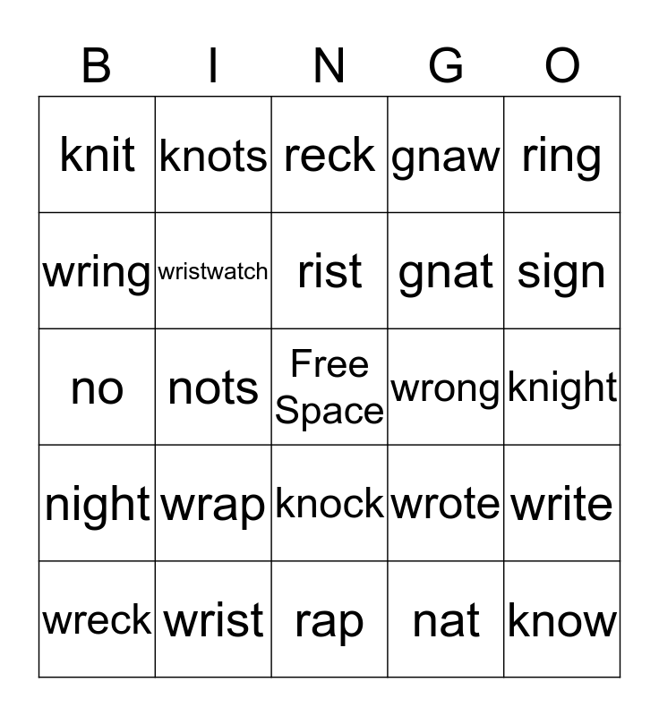 Spelling Words: Silent Letters Bingo Card