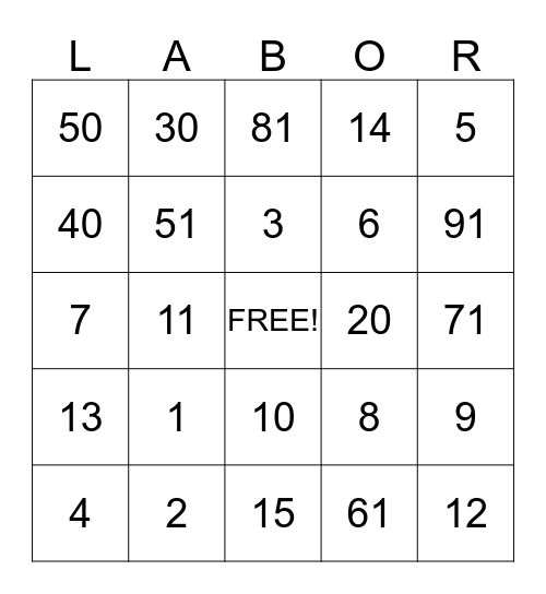LABOR DAY Bingo Card