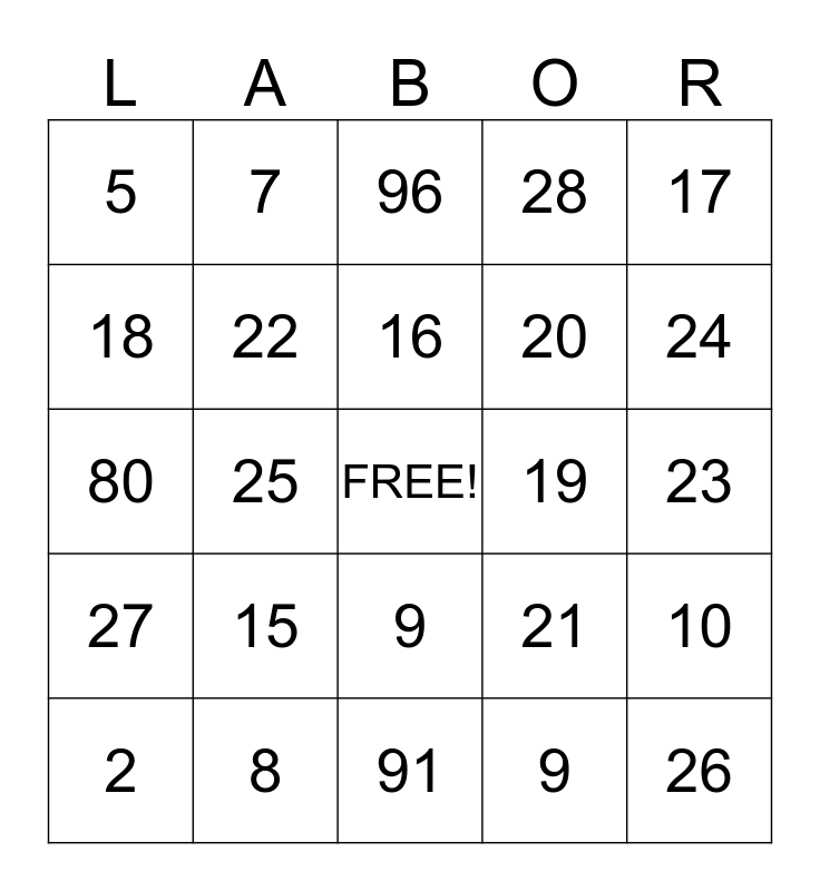 LABOR DAY Bingo Card