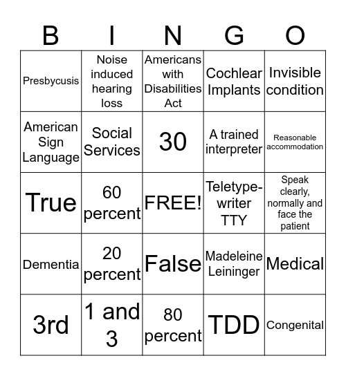 Hearing loss Bingo Card