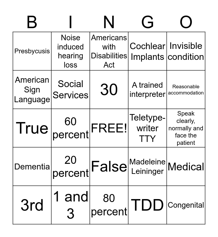 Hearing loss Bingo Card