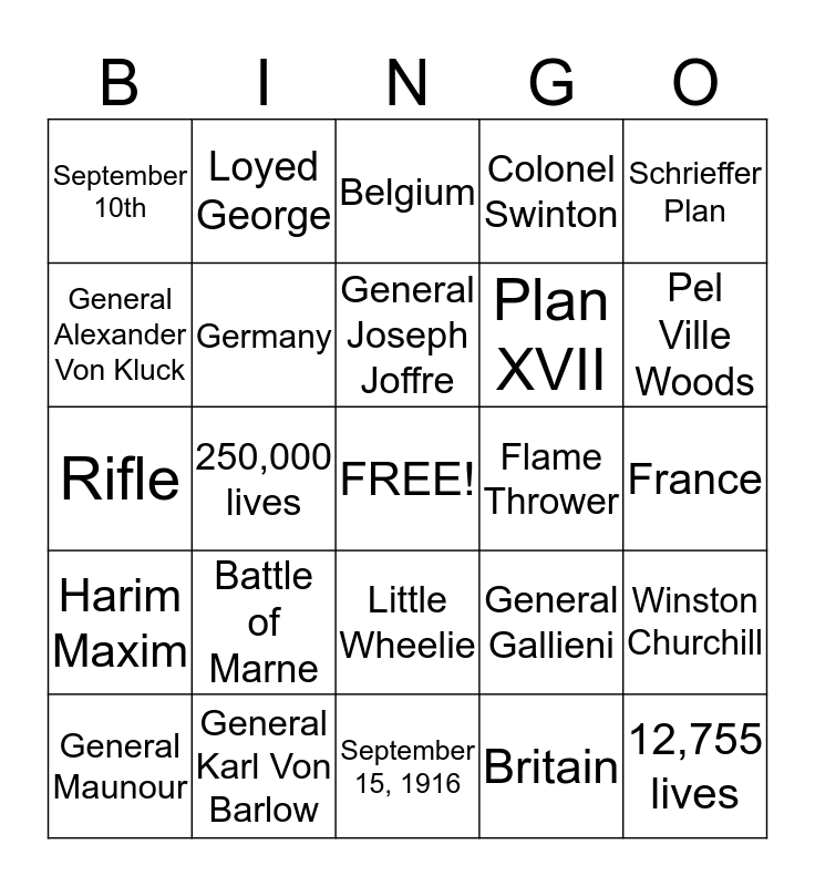 WWI BINGO Card
