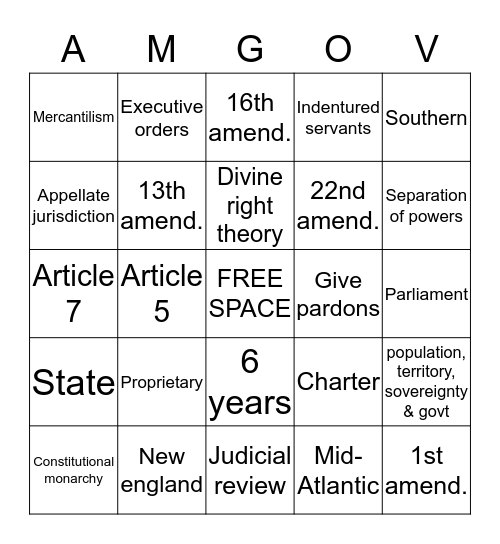 American Government Bingo Card