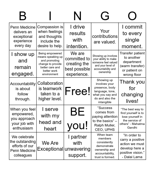 BE Bingo! Mark the squares with an "X" when Bingo Card