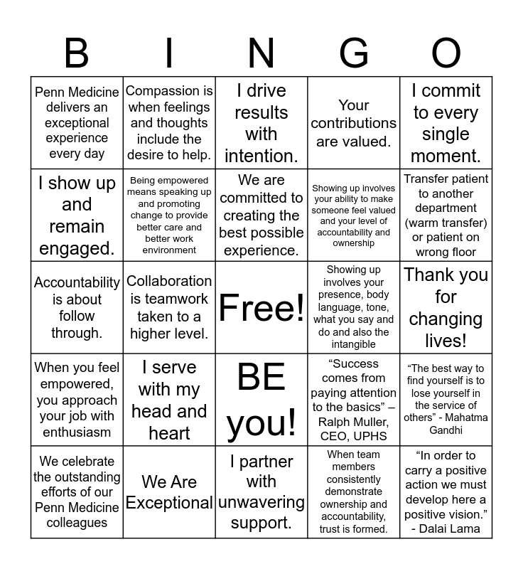 BE Bingo! Mark the squares with an "X" when Bingo Card