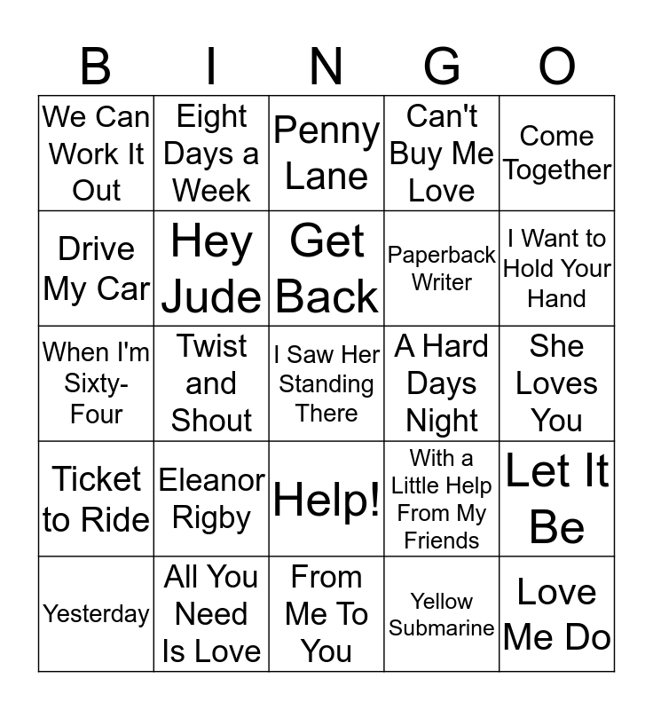 Beatles Songs Bingo Card