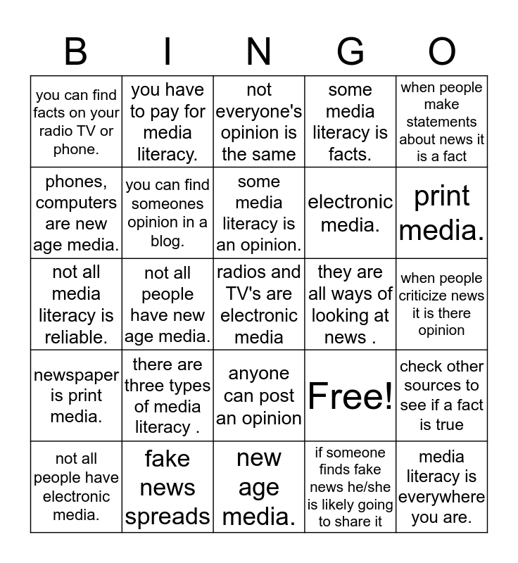 media literacy Bingo Card