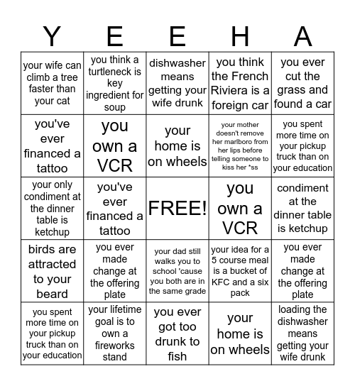 Redneck Bingo Card