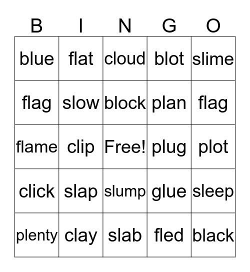 Blends: bl, cl, fl, gl, pl, sl Bingo Card