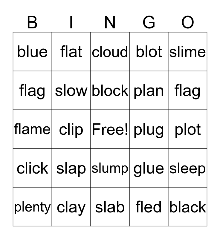 Blends: bl, cl, fl, gl, pl, sl Bingo Card