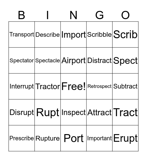 Root Word Bingo Card