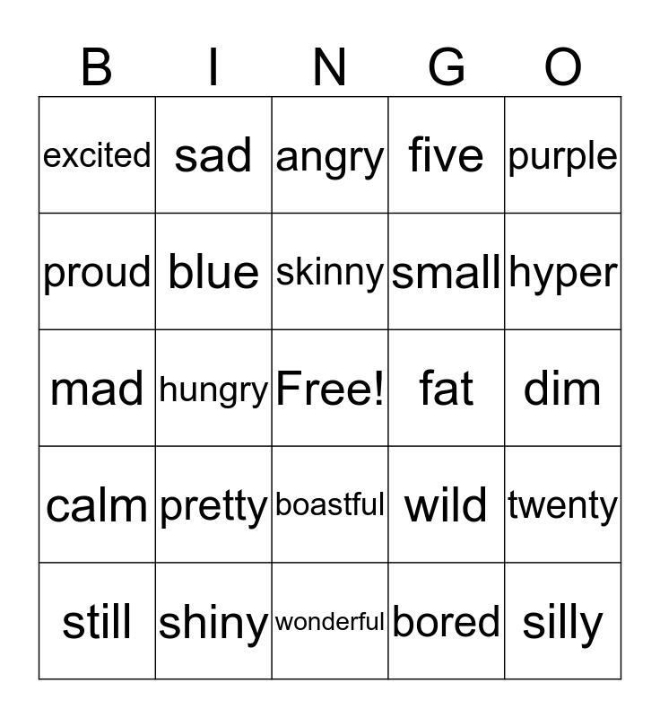 Adjectives Bingo Card