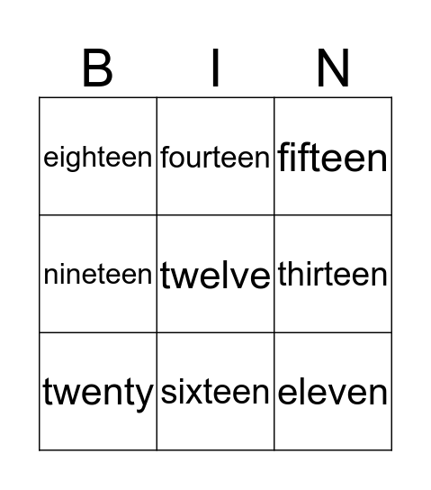 Number names Bingo Card
