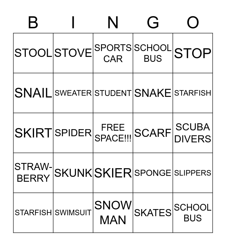 /S/ BLENDS Bingo Card