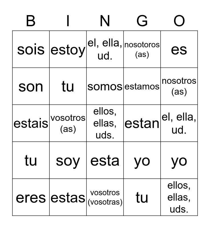 VERBO SER Y ESTAR Bingo Card