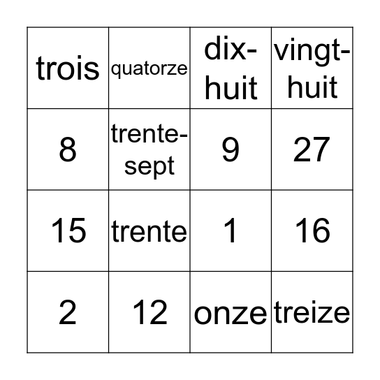 Bingo avec les nombres! Bingo Card