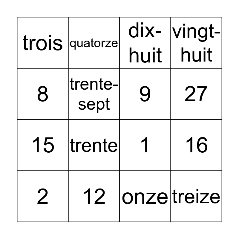 Bingo avec les nombres! Bingo Card