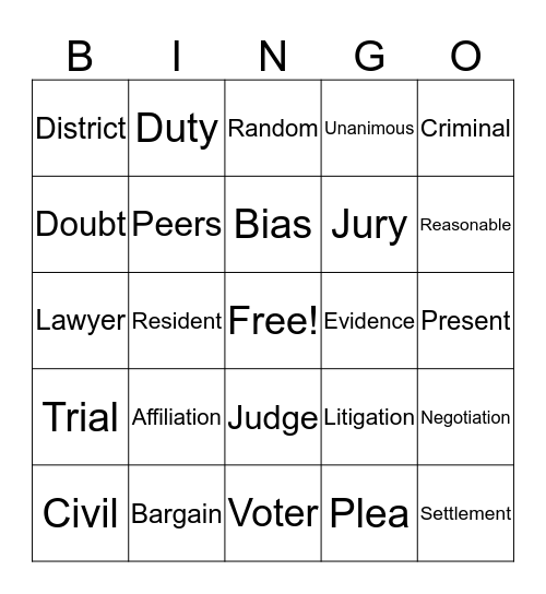 Jury Duty Bingo Card