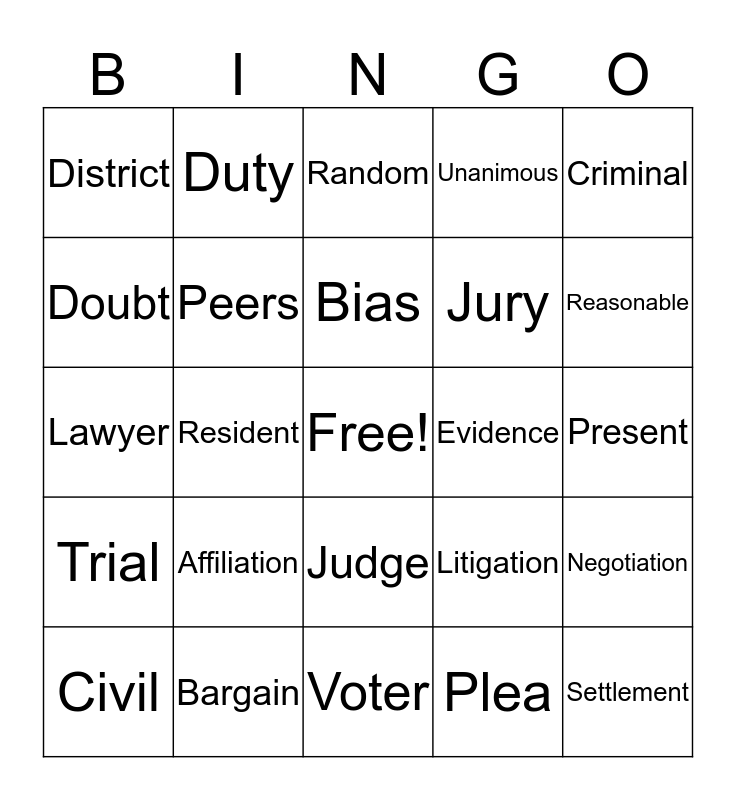 Jury Duty Bingo Card