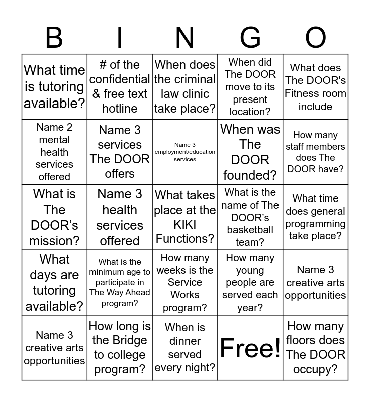 The DOOR Bingo Card