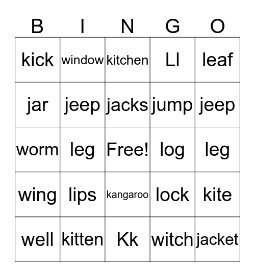Beginning Sounds Ll, Kk, Jj, Ww Bingo Card