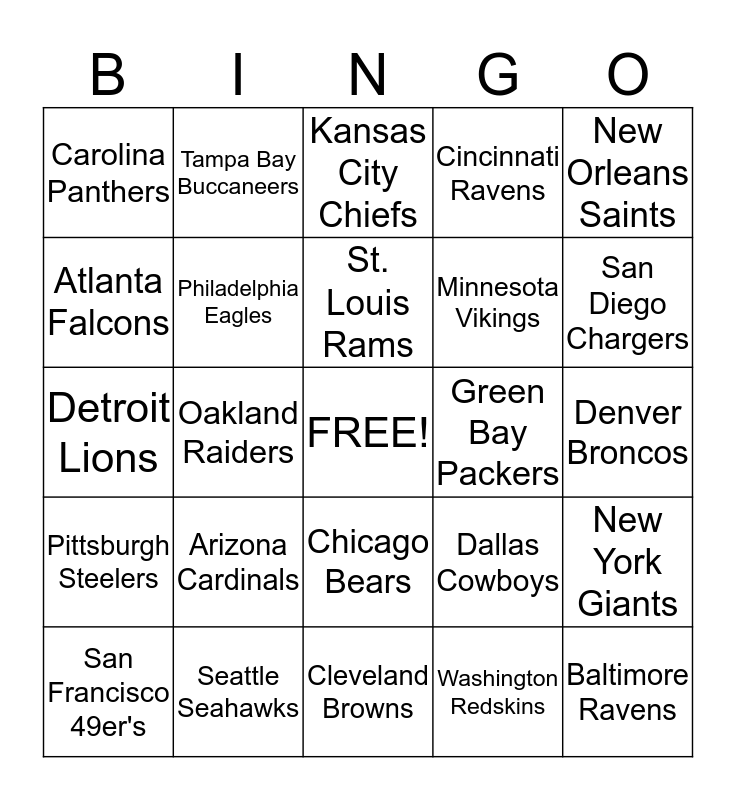 NFL Bingo Card