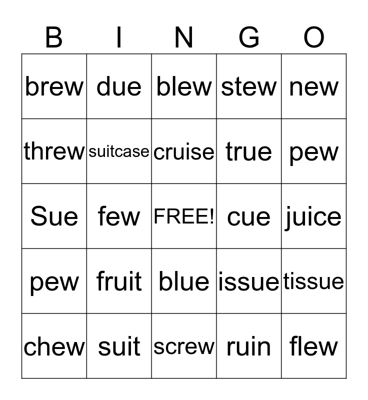Long U Words Using Ui Ue Ew Bingo Card