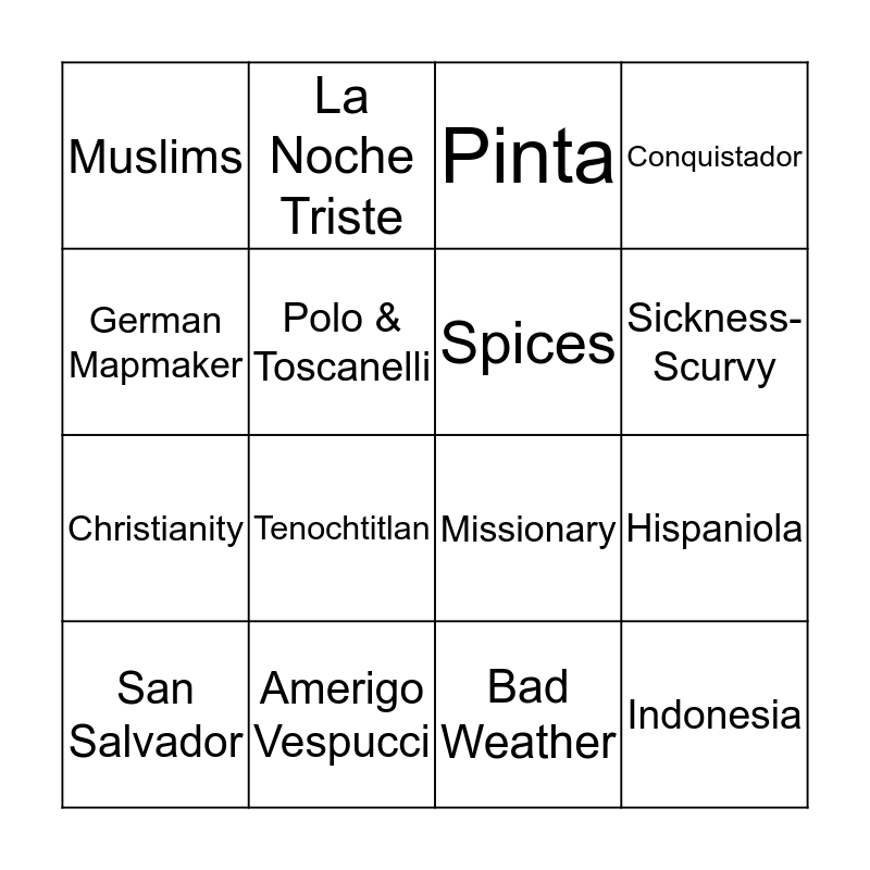 Age of Exploration Bingo Game Bingo Card