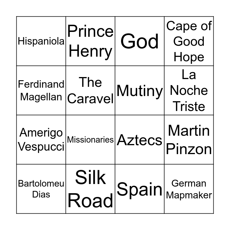 Age of Exploration Bingo Game Bingo Card