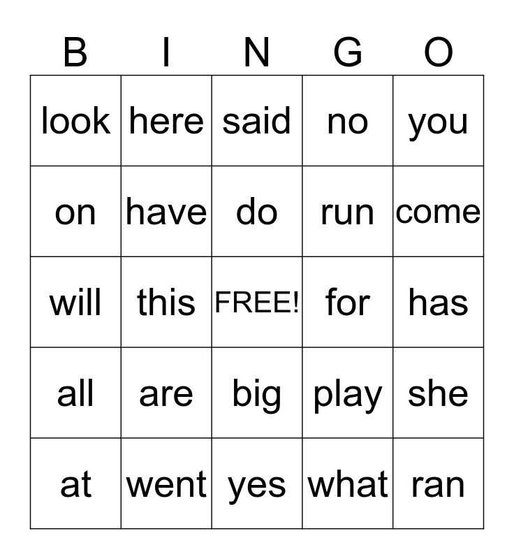 kindergarten Sight Word Bingo Card