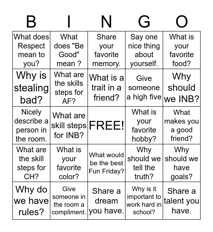 Social Skills BINGO Card