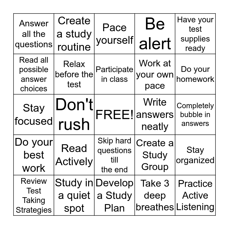 Study Skills Bingo Card