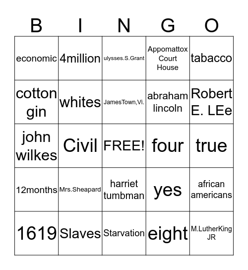 CIVIL WAR BINGO Card