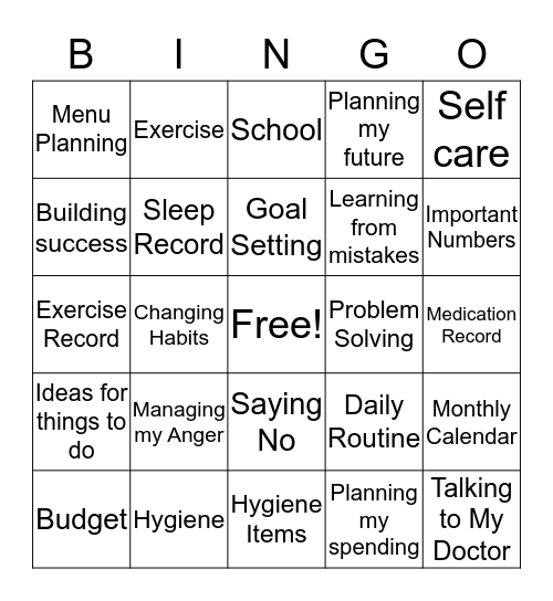 Life Skills Bingo Card