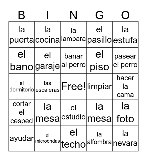 Spanish II Test Review Bingo Card