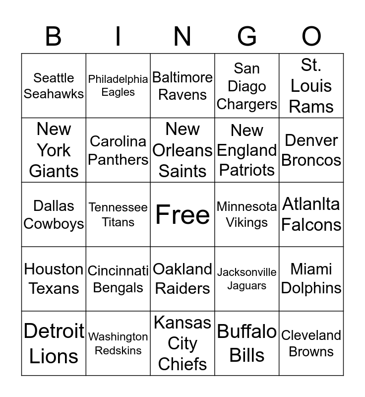 NFL Bingo Card