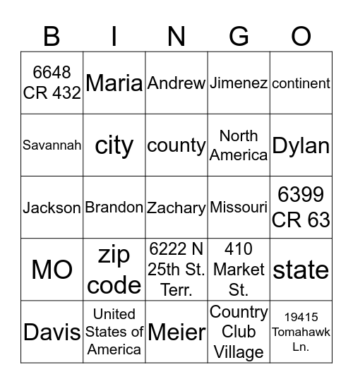 Personal Information BINGO Card