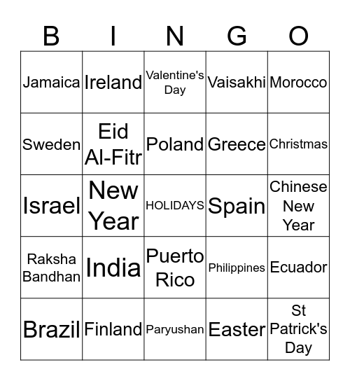 Holidays Around The World Bingo Card