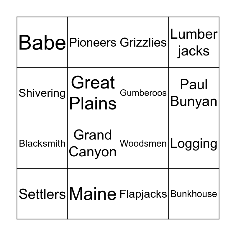 Paul Bunyan Bingo Card
