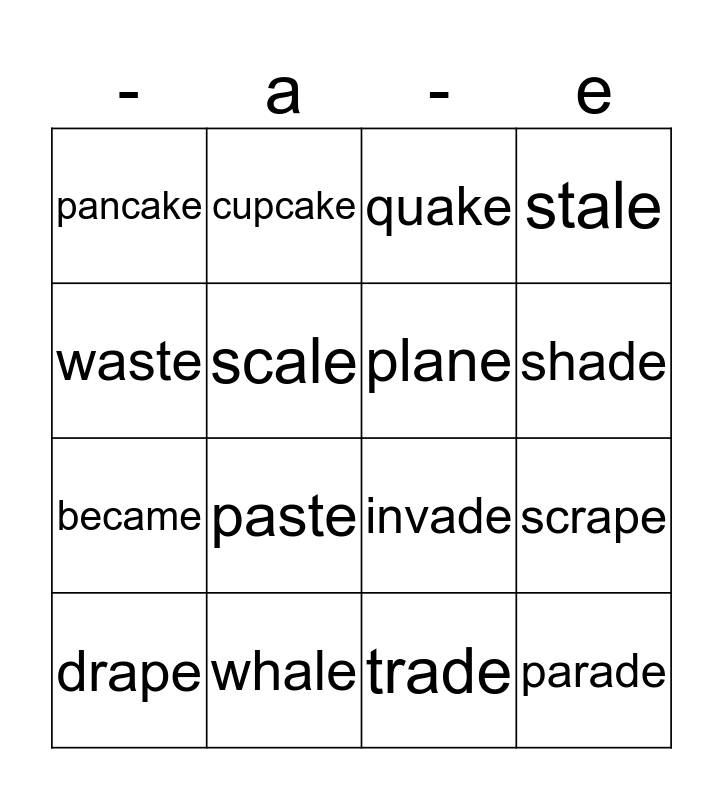 Long a with silent e Bingo Card