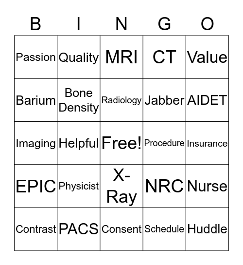Radiology Tech Week 2018 Bingo Card