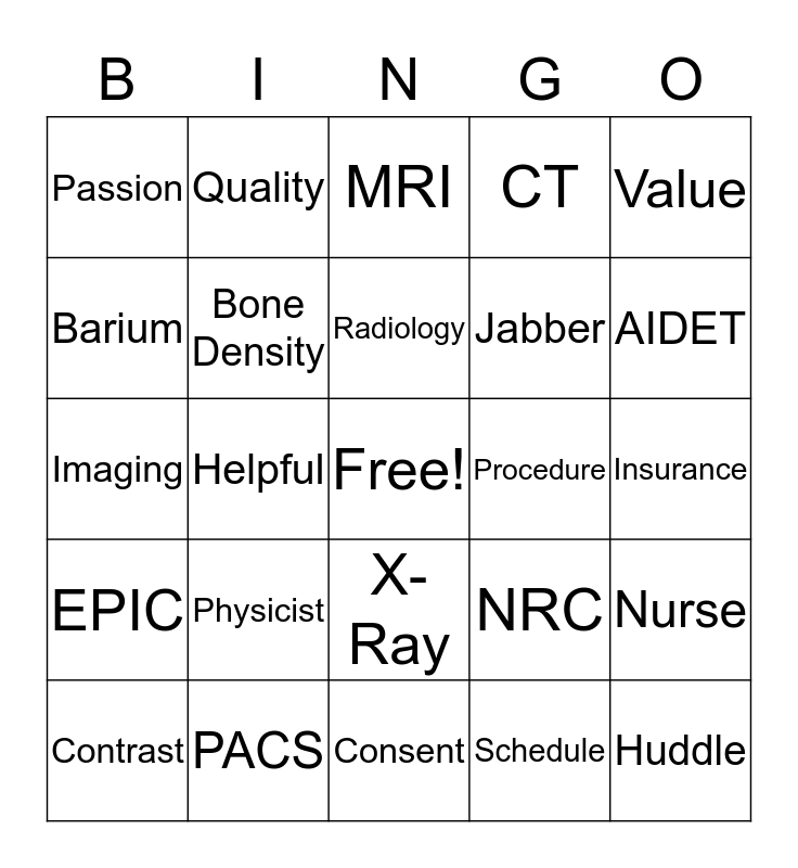Radiology Tech Week 2018 Bingo Card