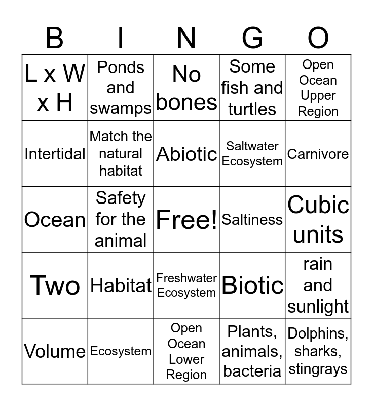 Ecosystems Bingo Card