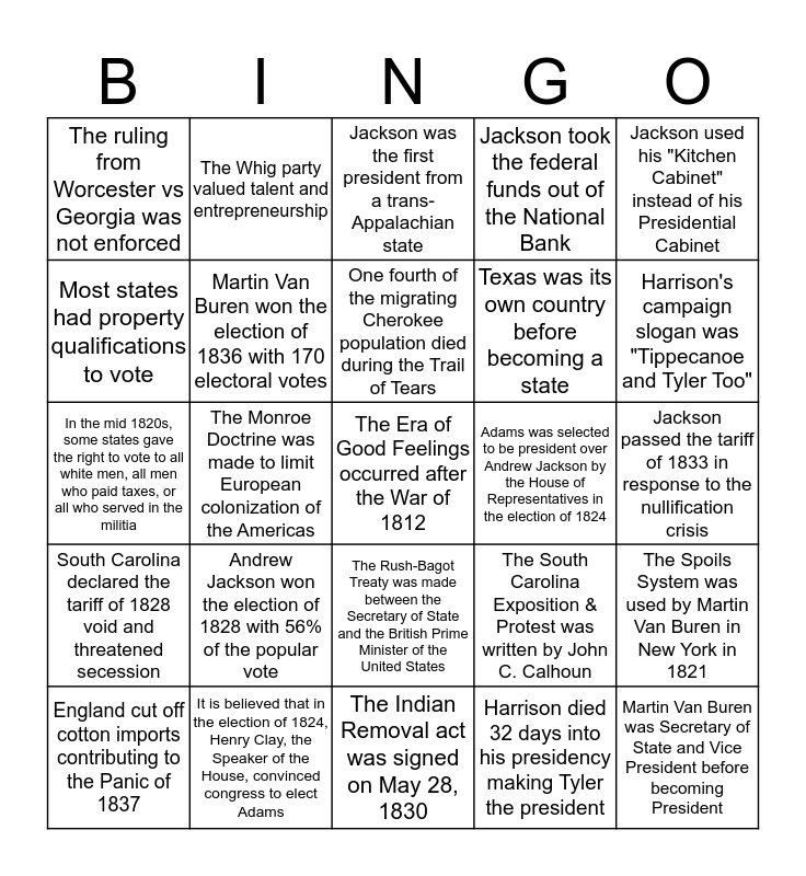Age of Jackson Bingo Card