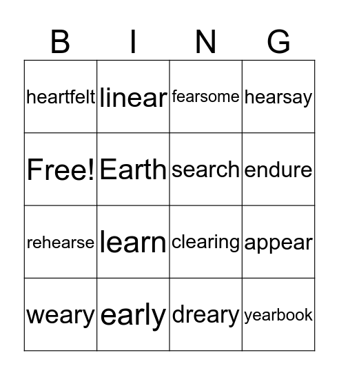 'ear' Words! Bingo Card