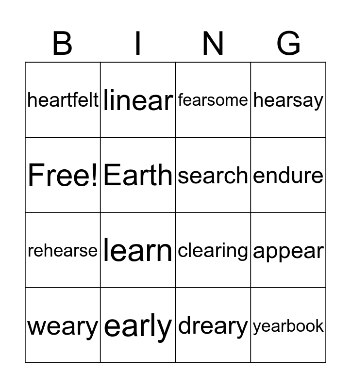 'ear' Words! Bingo Card