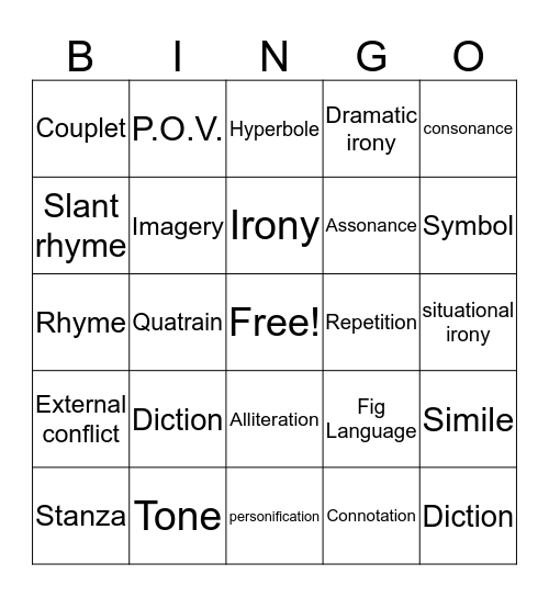 Poetry Bingo Card