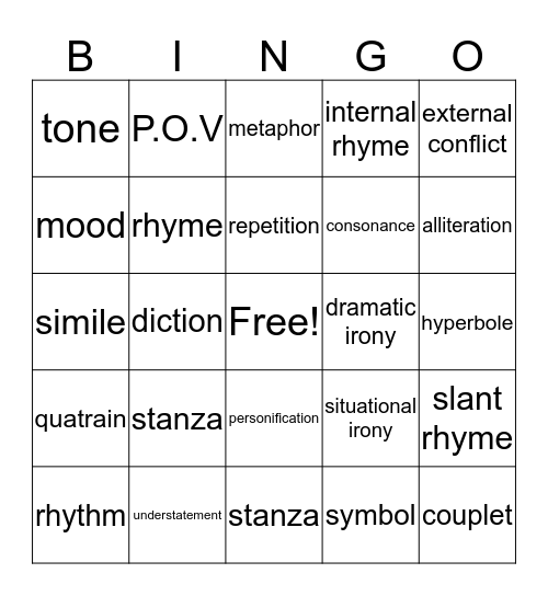 poetry bingo Card