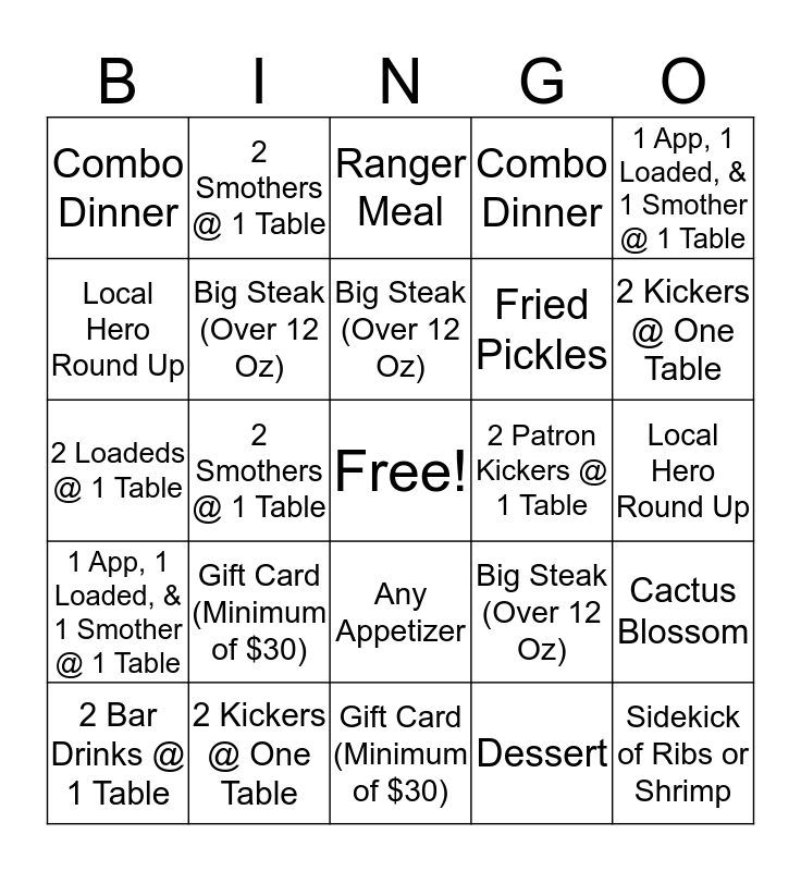 Gift Card Bingo Card